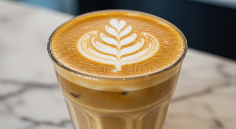 Iced Latte with Latte Art in Glass on Marble Table Stock Illustration ...