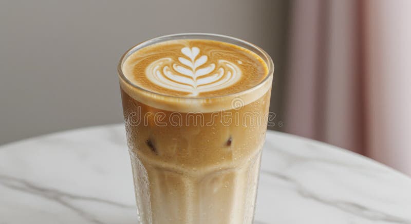 Iced Latte with Latte Art in Tall Glass on Marble Table Stock ...