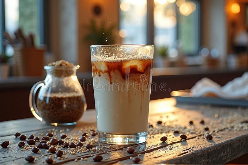 Iced Latte with Coffee Beans and Syrup on Rustic Cafe Table Stock Photo ...