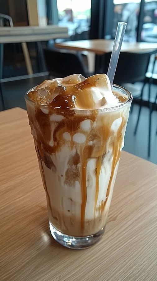 An Iced Latte with a Straw, Condensation Dripping Down the Glass. Pic ...