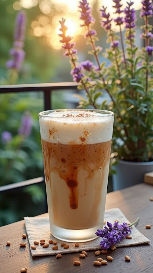 Iced Lavender Coffee with Foam in Garden Setting at Sunset Stock Photo ...
