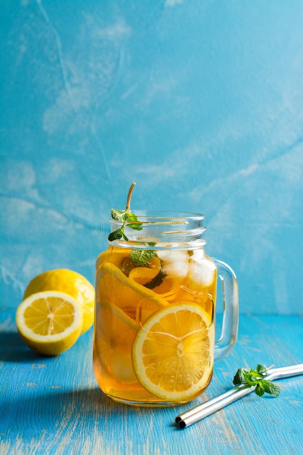 Iced Lemon Tea on Blue Background Stock Image - Image of fresh ...