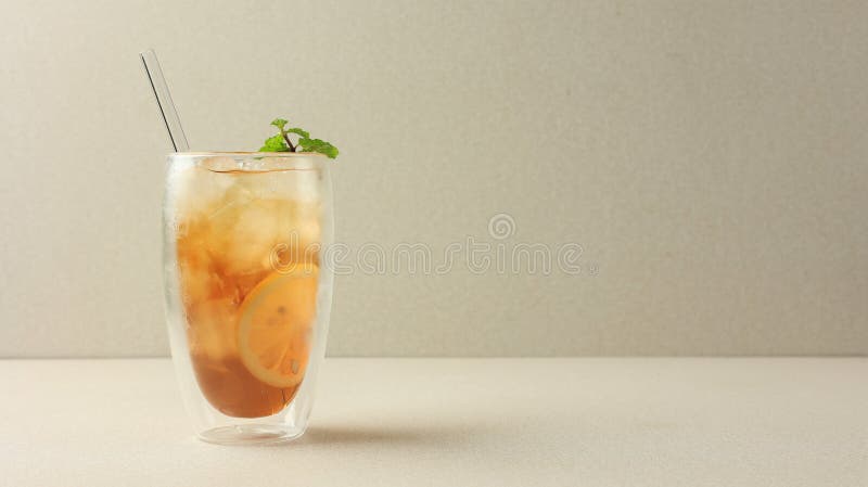ICed Lemon Tea on Cream Background with Glass Straw Stock Photo - Image ...