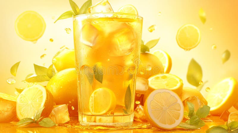 Iced Lemon Tea with Slices and Ice Stock Illustration - Illustration of ...