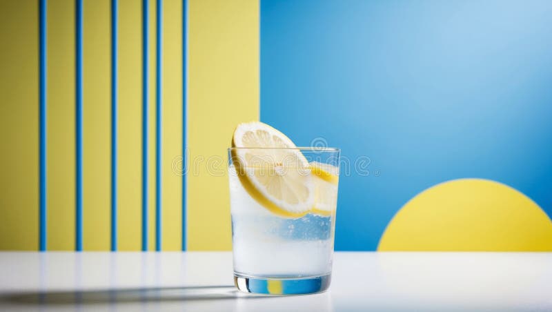 Iced Lemon Water in Glass with Slice on Blue and Yellow Background ...