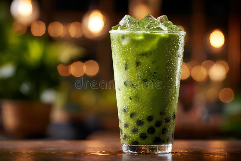 Iced Matcha Bubble Tea with Tapioca Pearls Refreshing Beverage Stock ...