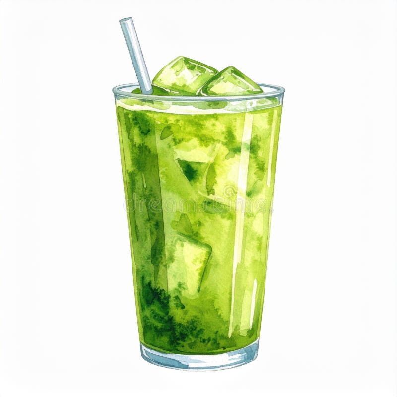 Iced Matcha Green Tea Drink in Glass with Ice Stock Illustration ...