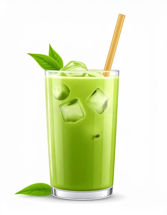 Iced Matcha Green Tea Drink with Ice Cubes and Straw Stock Illustration ...