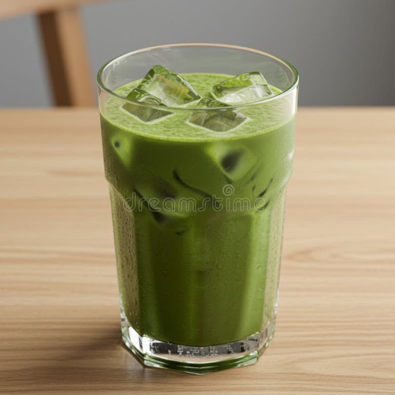 Iced Matcha Green Tea in Glass on Wooden Table Stock Illustration ...