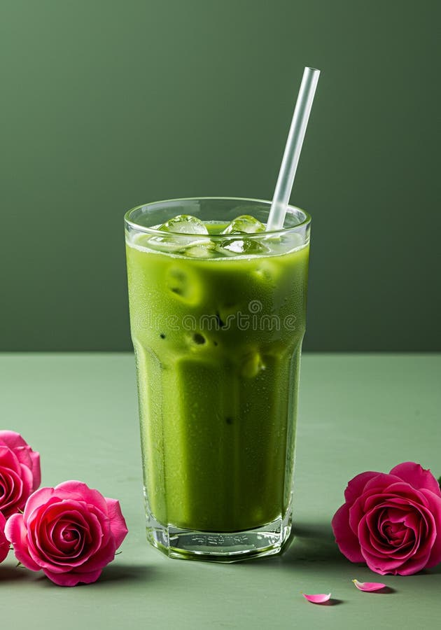 Iced Matcha Drink Topped with Whipped Cream Served in a Clear Plastic ...