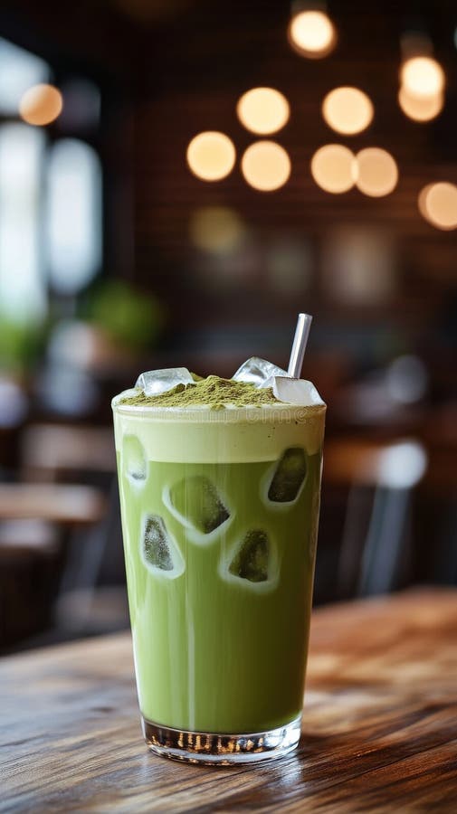 Iced Matcha Latte in Cafe with Bokeh Lights, Refreshing Beverage ...