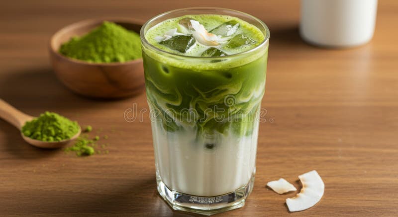 Iced Matcha Latte with Coconut Milk Stock Illustration - Illustration ...