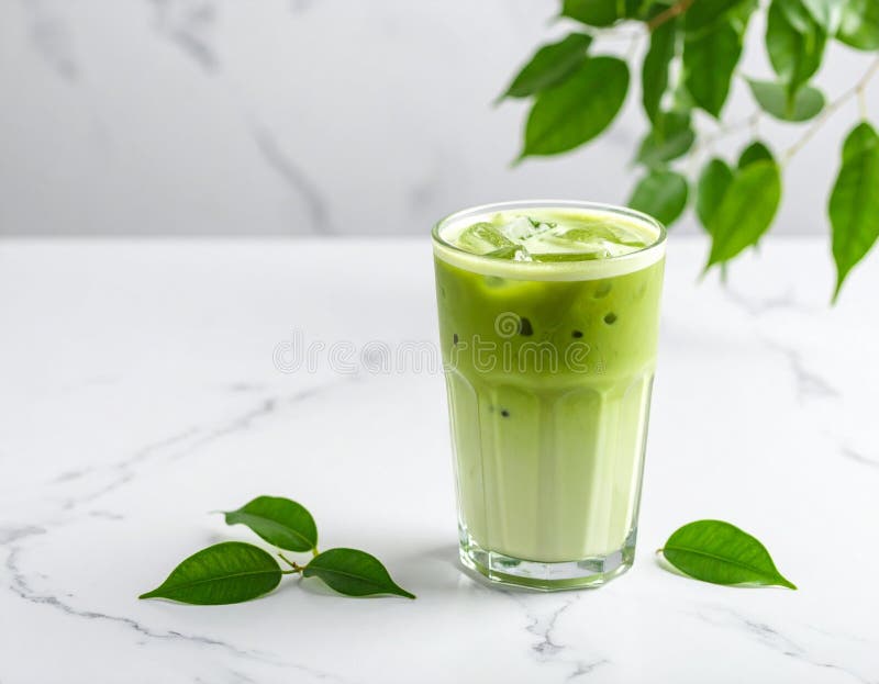Iced Matcha Latte in Glass on Terrazzo Tabletop Side Angle Stock ...