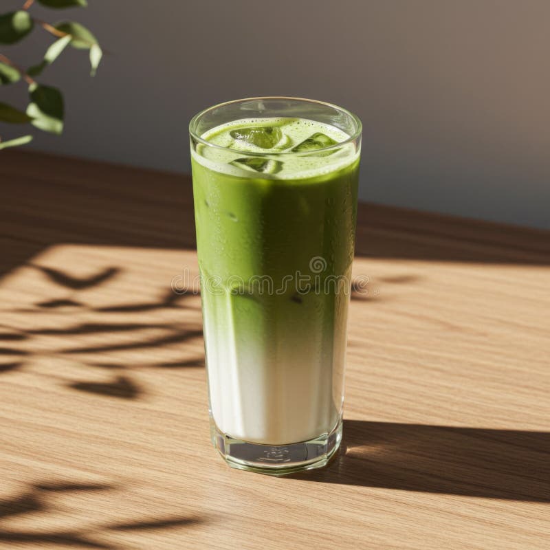 Iced Matcha Latte in Glass on Wooden Table Stock Illustration ...