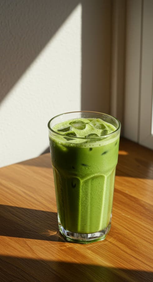 Iced Matcha Latte in Glass on Wooden Table Stock Illustration ...