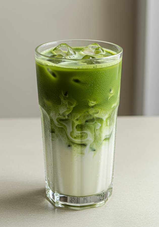 Iced Matcha Latte with Milk in Glass Stock Illustration - Illustration ...