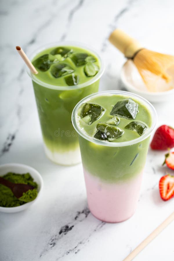 Iced Matcha Latte and Strawberry Milk Matcha Latte in Tall Glasses with ...