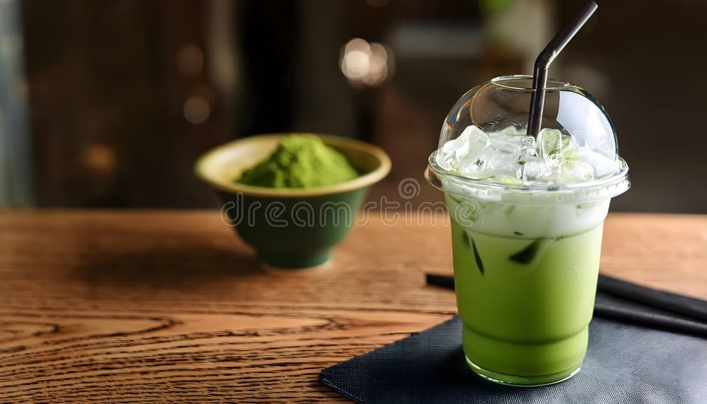 Iced Matcha Tea for Summer Drink in a Cafe with Copy Space for Text ...