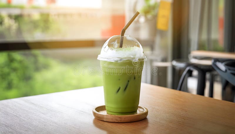 Iced Matcha Tea for Summer Drink in a Cafe with Copy Space for Text ...