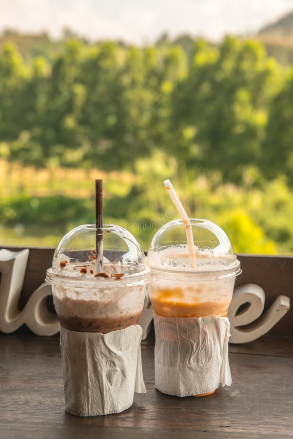 Iced Milk Tea and Iced Cocoa in Plastic Glass Stock Image - Image of ...