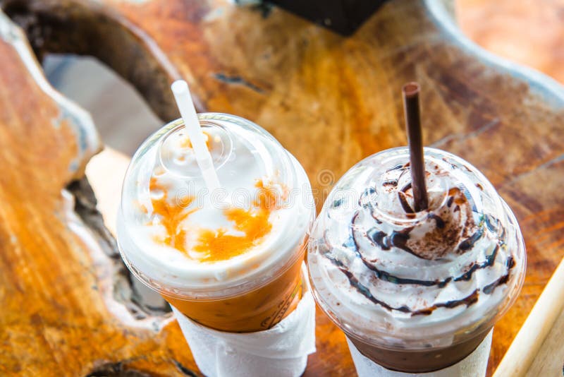 Iced Milk Tea and Iced Cocoa in Plastic Glass Stock Photo - Image of ...