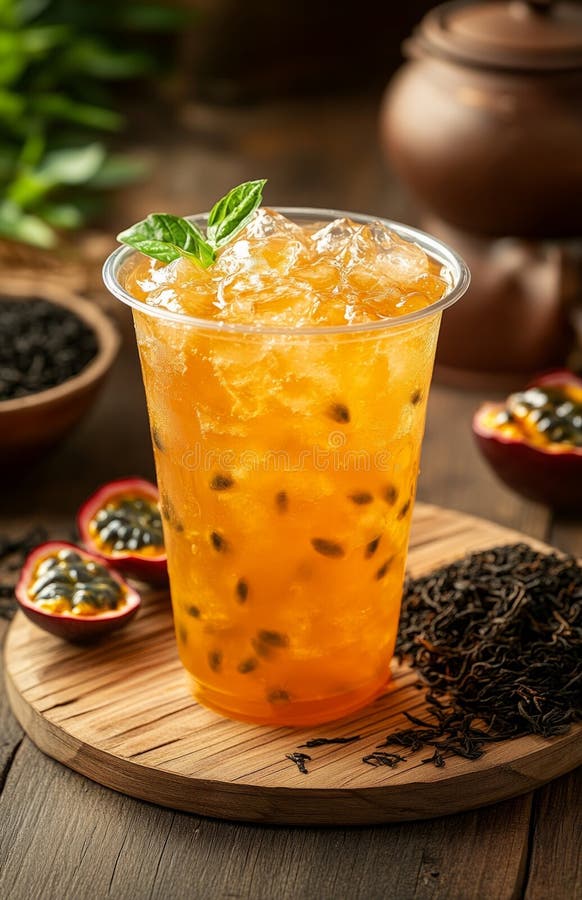 Iced Passion Fruit Tea in Plastic Glass with Black Tea Leaves Stock ...