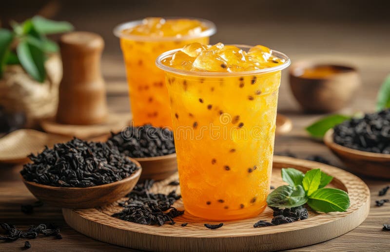 Iced Passion Fruit Tea in Plastic Glass with Black Tea Leaves Stock ...