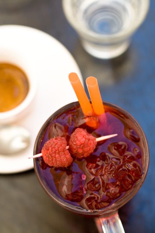 Iced Tea and Fresh Raspberries and Black Coffee Stock Image - Image of ...