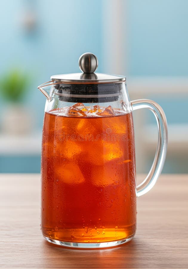 Iced Tea in Glass Pitcher with Ice Cubes on Wooden Table Stock ...