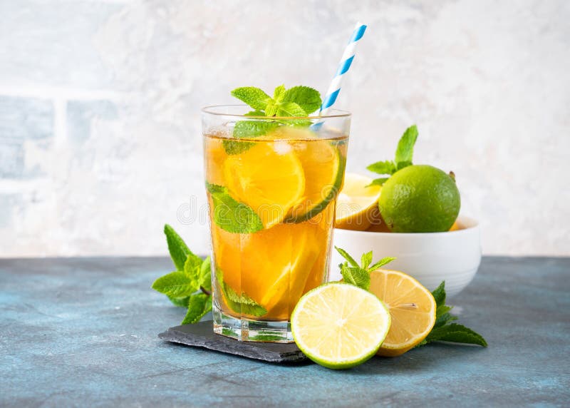 Iced Tea with Lemon, Lime, Mint and Ice. Stock Image - Image of citrus ...