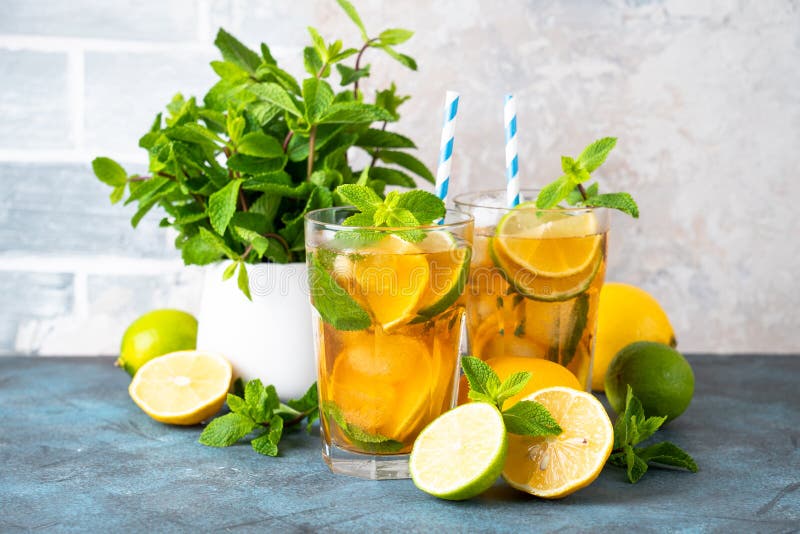 Iced Tea with Lemon, Lime, Mint and Ice. Stock Photo - Image of mint ...