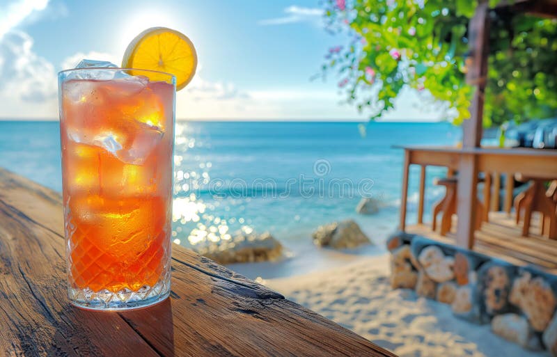 Iced Tea with a Lemon Slice on a Rustic Seaside Bar Stock Illustration ...