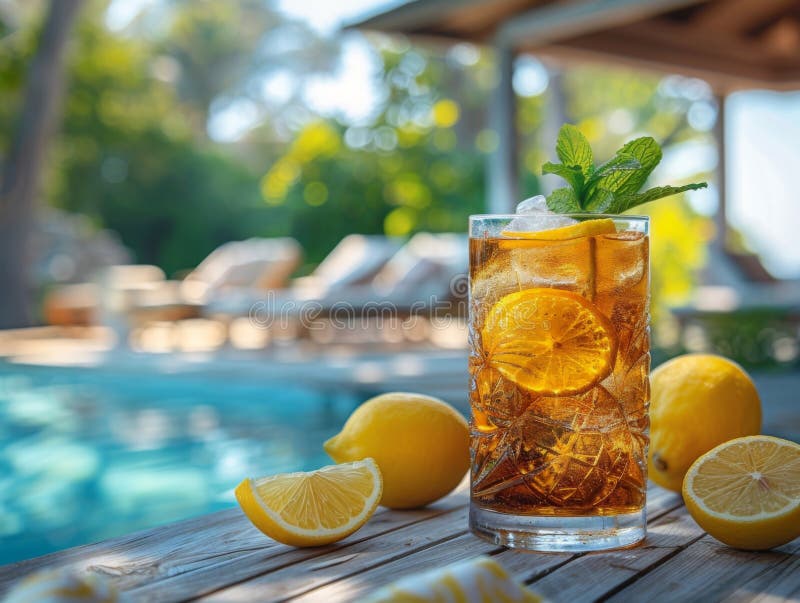 Iced Tea with Lemon, Standing on a Table in a Summer Backyard by the ...