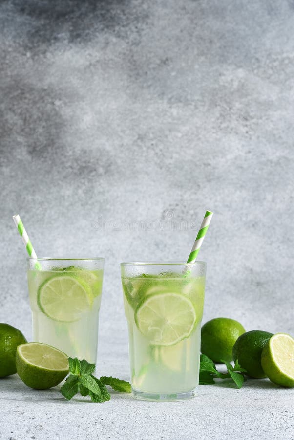 Iced Tea with Lime. Cold Lemonade with Lime on a Concrete Background ...