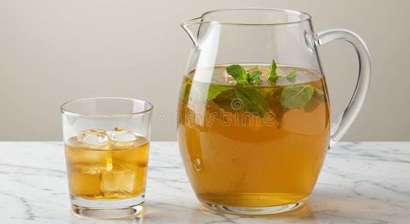 Iced Tea with Mint in Glass Pitcher and Glass Stock Illustration ...