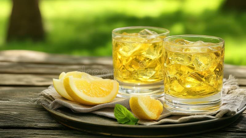 Iced Tea Refreshment: Lemon, Mint, and Cold Drinks on a Wooden Table ...