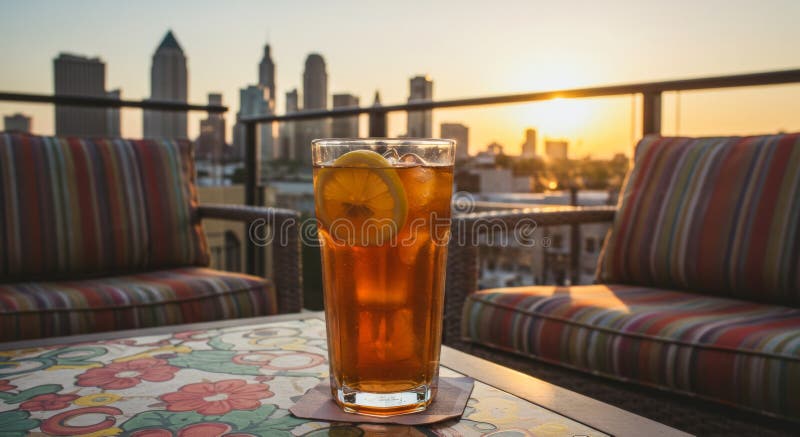 Iced Tea on Rooftop at Sunset with City View Stock Illustration ...