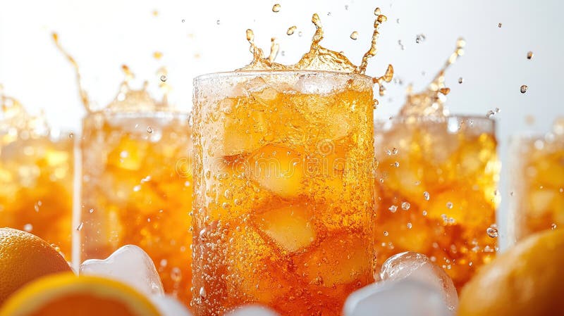 Iced Tea Splashing in Glasses with Ice and Oranges Stock Illustration ...