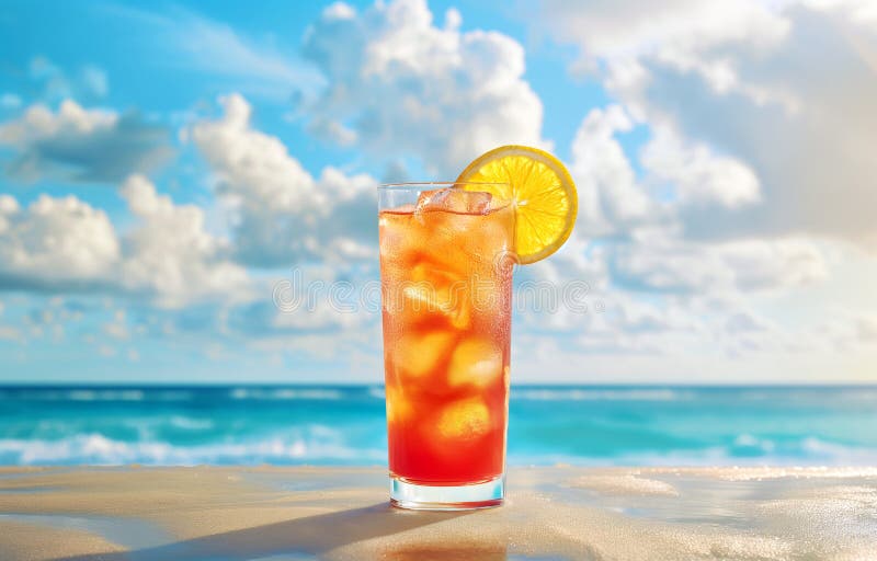 Iced Tea in a Tall Glass with a Lemon Slice, Against a Beach Backdrop ...