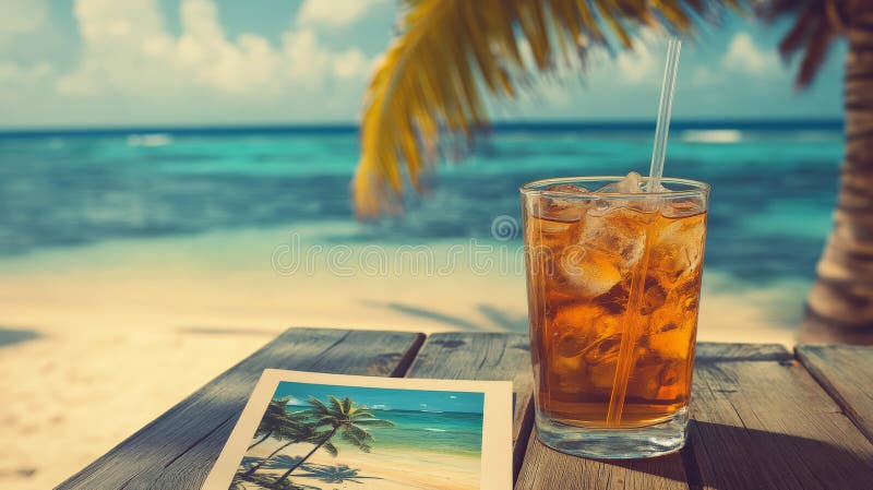 Iced Tea on a Tropical Beach with Scenic Postcard and Palm Tree Stock ...