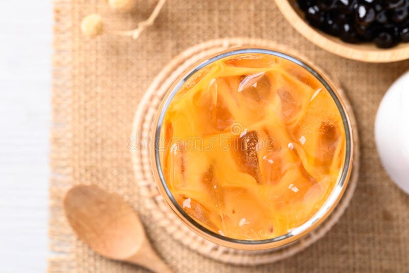 Iced Thai Milk Tea with Boba or Thai Bubble Tea Stock Photo - Image of ...