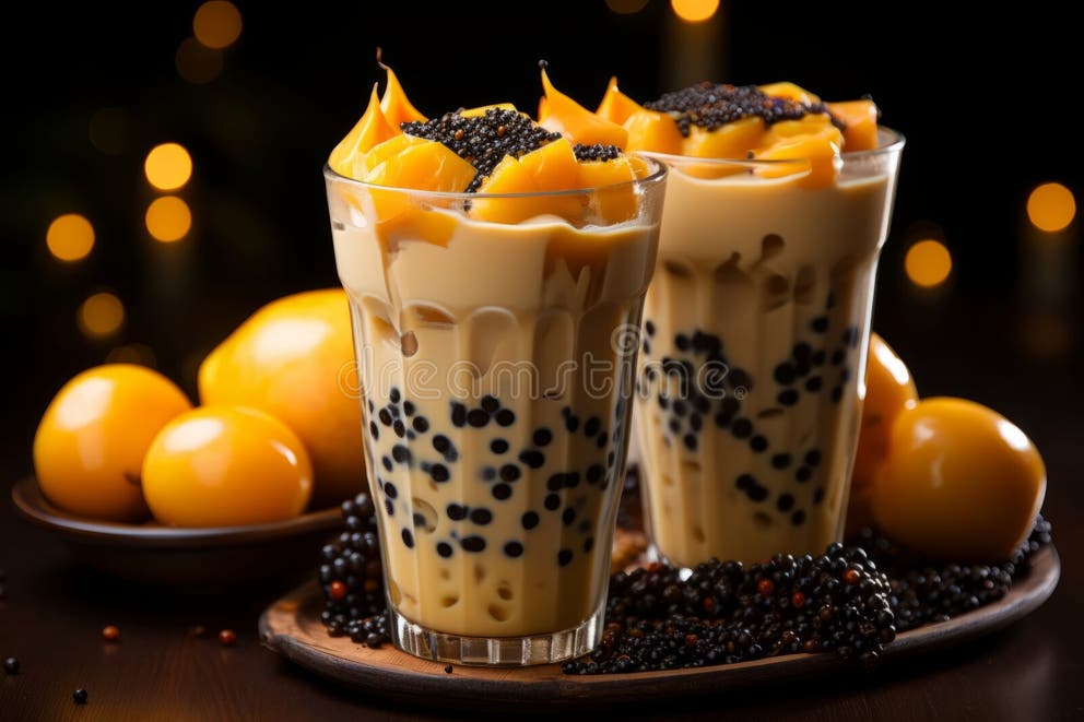 Iced Thai Milk Tea with Tapioca Bubbles in Plastic Cups on Table Stock ...