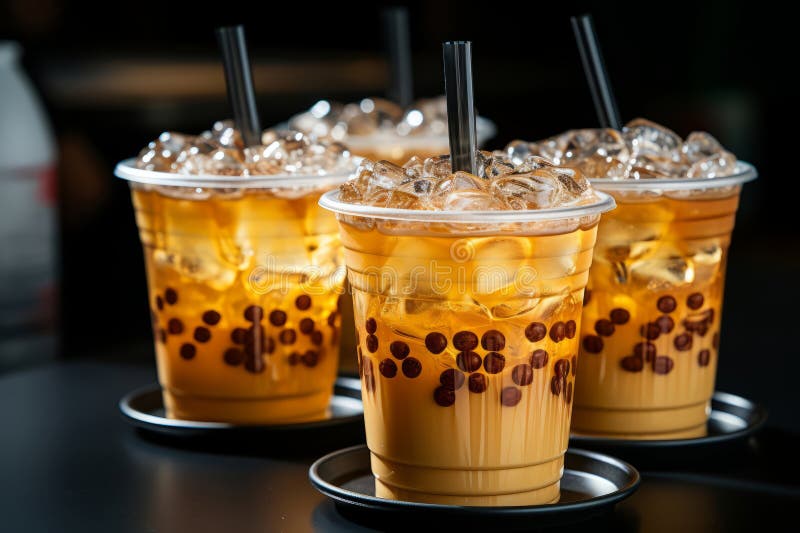 Iced Thai Milk Tea with Tapioca Bubbles in Plastic Cups on Table Stock ...
