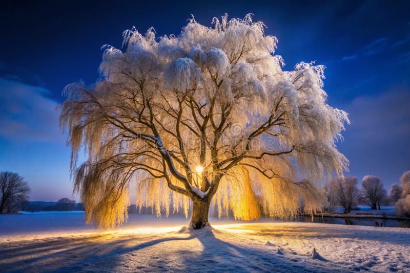 Iced willow at night stock illustration. Illustration of trees - 365765082