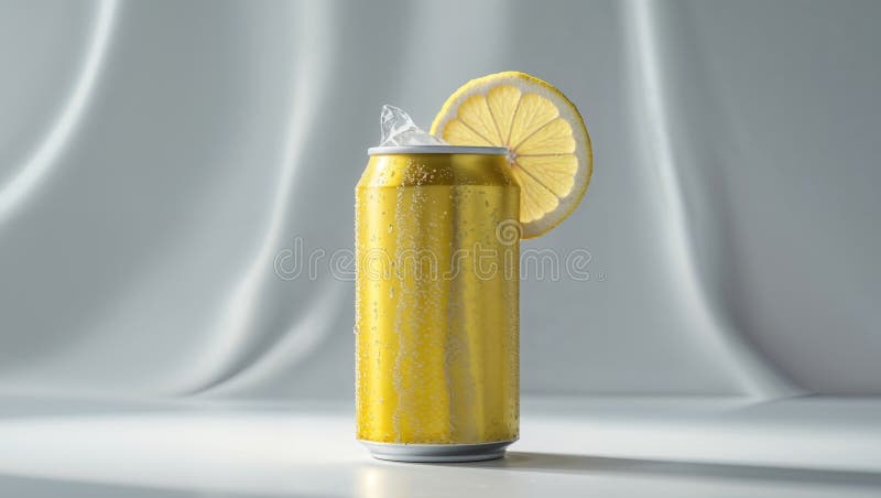 Iced Yellow Can with Lemon Slice on Gray Surface Stock Photo - Image of ...