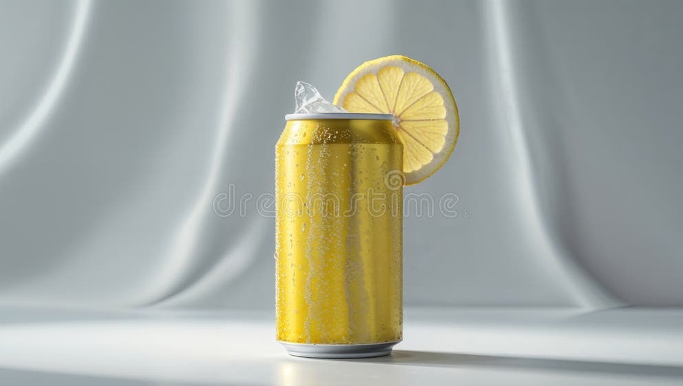 Iced Yellow Can with Lemon Slice on Gray Surface Stock Photo - Image of ...