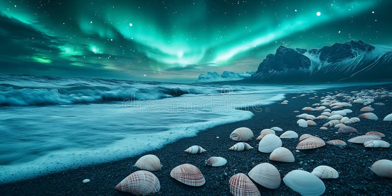 Iceland Aurora Borealis Magical Beach Scene Stock Illustration ...