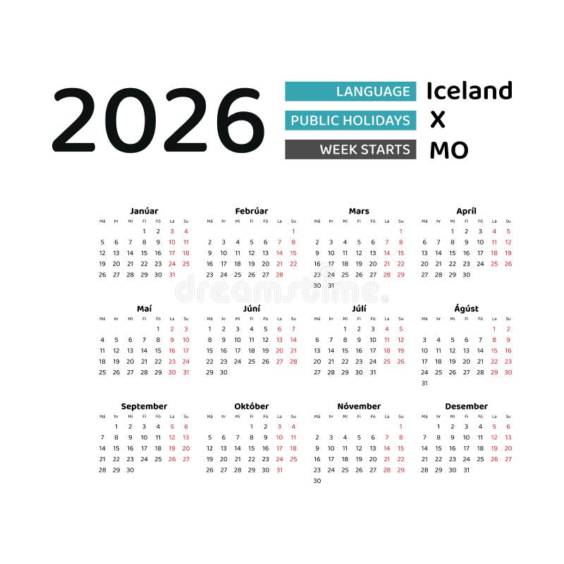Iceland Calendar 2026. Week Starts from Monday. Vector Graphic Design ...
