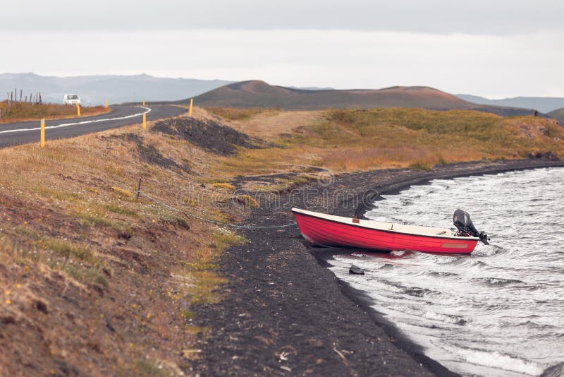 Iceland Landscape with a Red Boat Stock Photo - Image of park, green ...