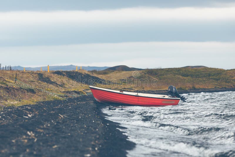 Iceland Landscape with a Red Boat Stock Image - Image of island, pond ...